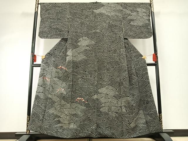 平和屋着物●訪問着　絞り　刺繍　散らし文　黒地　正絹　逸品　AABD8699fy