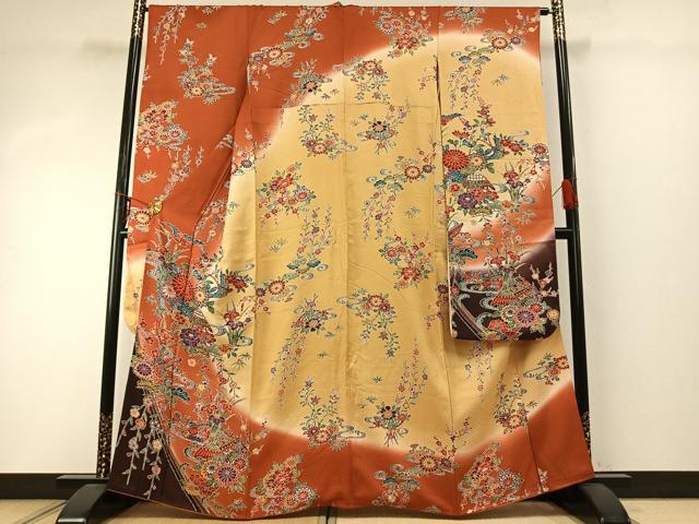 平和屋着物●豪華振袖　型染め　花鳥文　暈し染め　正絹　逸品　AABD8708fy