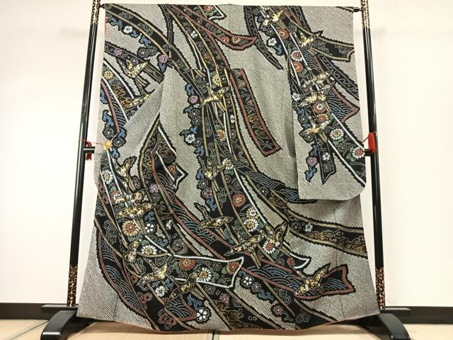 平和屋着物●豪華振袖　総絞り　熨斗花鳥文　黒地　金銀彩　正絹　逸品　AABD8778fy