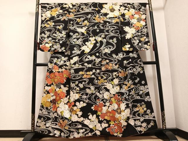 平和屋着物●訪問着　流水花文　黒地　金彩　正絹　逸品　AABD8820ph