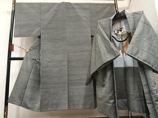 平和屋着物●男性　紬　アンサンブル　色無地　煤色　正絹　逸品　AABD8855ph