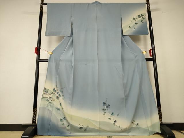 平和屋着物＊夏物　訪問着　絽　手描き　蔦の葉文　暈し染め　ロング丈　正絹　逸品　AABD8995jd