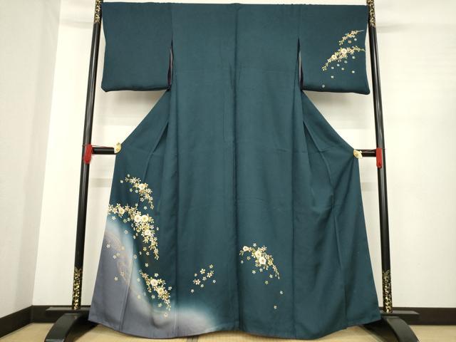 平和屋着物●訪問着　流水枝花文　色無地滅紫色　暈し染め　金彩　リバーシブル　やまと誂製　正絹　逸品　AABD9352ck