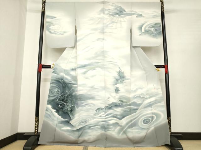 平和屋着物●染色作家　安達華生　訪問着　手描き　龍　銀彩　正絹　逸品　AABD9357ck