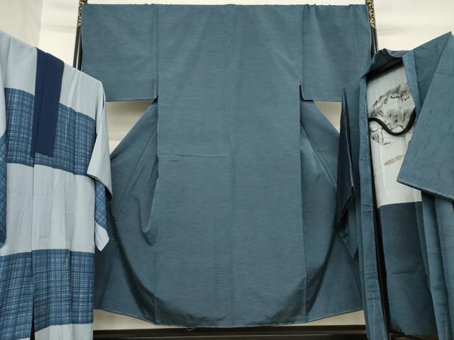 平和屋着物●男性　紬　アンサンブル　長襦袢(袷)セット　色無地　鉄納戸色　正絹　逸品　未使用　AABD9364ck