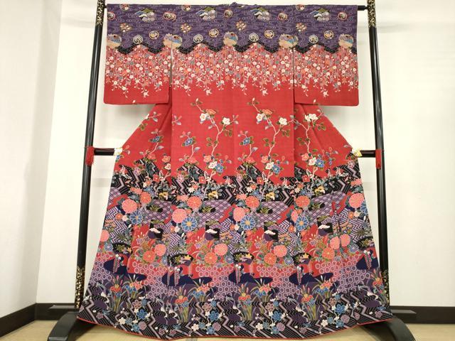 平和屋着物●訪問着　吉祥花文　鬼しぼ縮緬　正絹　逸品　AABD9381ck