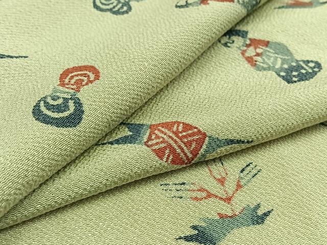 平和屋着物▽上質な小紋　単衣　型染め　人物文　鬼しぼ縮緬　正絹　逸品　AABD9426jh