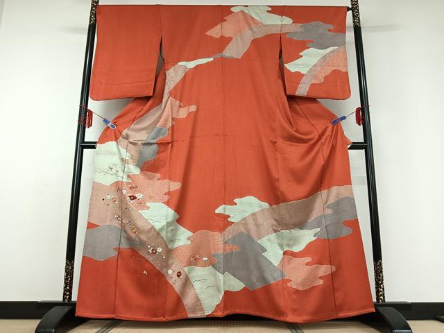 平和屋着物▽訪問着　単衣　駒刺繍　草花文　金彩　正絹　逸品　AABD9449jh