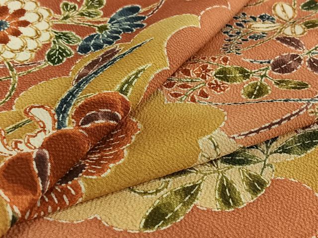 平和屋着物▽上質な小紋　単衣　雲取り花文　正絹　逸品　未使用　AABD9470jh