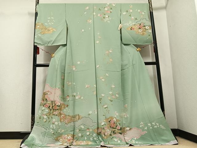 平和屋着物●訪問着　駒刺繍　枝花文　金銀彩　上代34万　千切屋扱い　仮絵羽　正絹　逸品　未使用　AABD9841ph