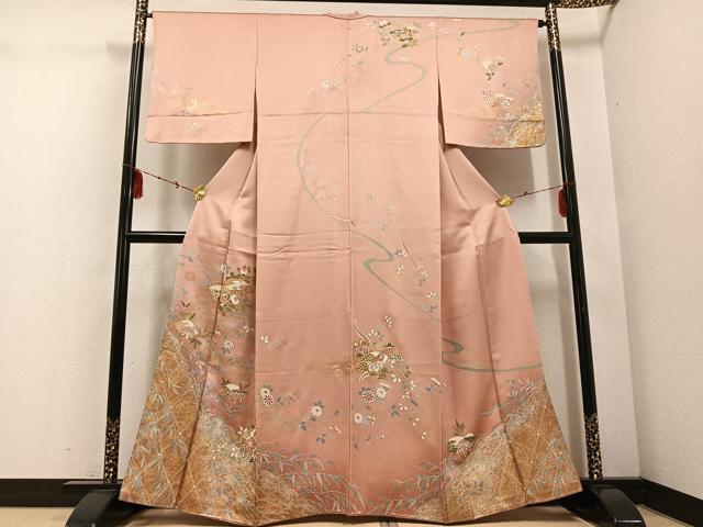 平和屋着物●訪問着　駒刺繍　地紙草花文　金銀彩　正絹　逸品　AABD9846ph