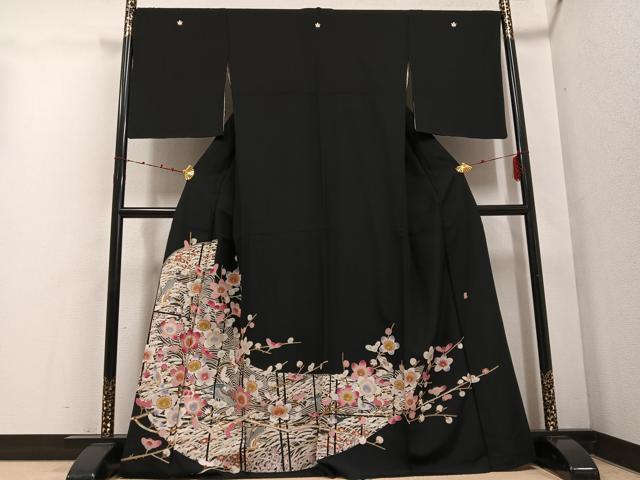 平和屋着物●本加賀友禅作家　黒田勲　黒留袖　花鳥文　正絹　逸品　AABD9858ph