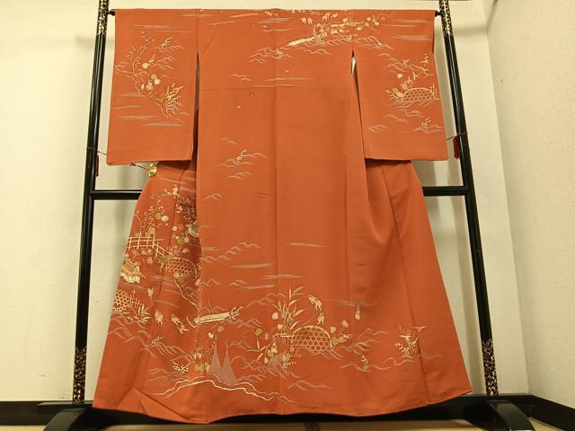 平和屋着物●創業460年・千總　訪問着　駒刺繍　人物風景草花籬文　金彩　三越扱い　正絹　逸品　AABD9872ph