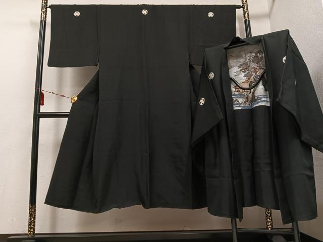 平和屋着物●男性　黒紋付　羽織セット　正絹　逸品　AABD9874ph
