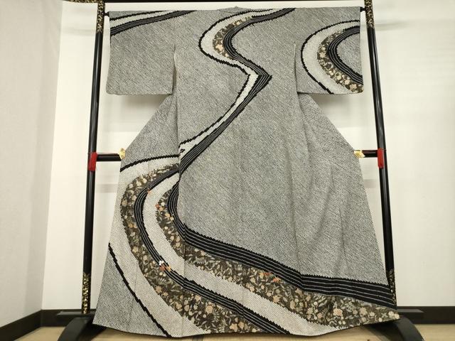 平和屋着物●訪問着　総絞り　刺繍　流水花文　黒地　金彩　正絹　逸品　AABD9904ck