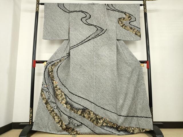 平和屋着物●訪問着　総絞り　刺繍　流水花文　黒地　金彩　正絹　逸品　AABD9911ck