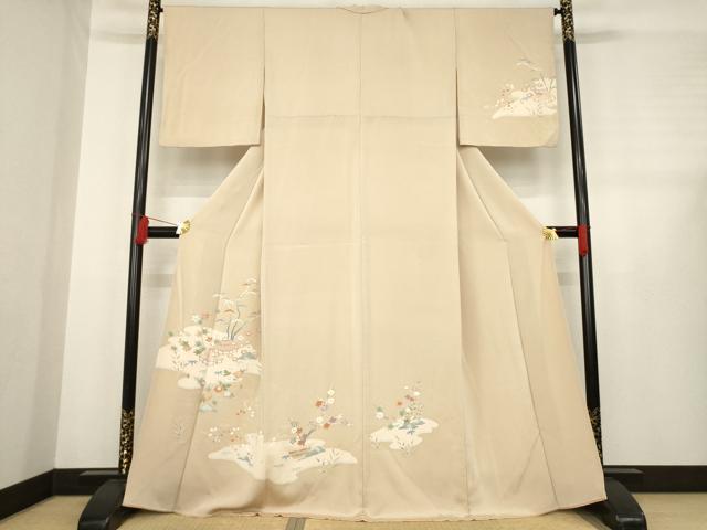 平和屋着物●訪問着　友禅　風景花文　鬼しぼ縮緬　正絹　逸品　AABD9958ck