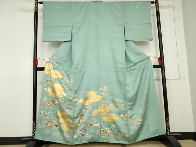 平和屋着物●京和工芸　色留袖　刺繍　雲取り流水草花文　金彩　金糸　正絹　逸品　AABD9961cs