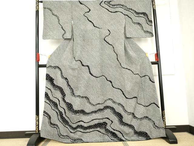 平和屋着物●訪問着　総絞り　流水文　黒地　正絹　逸品　AABD9980cs