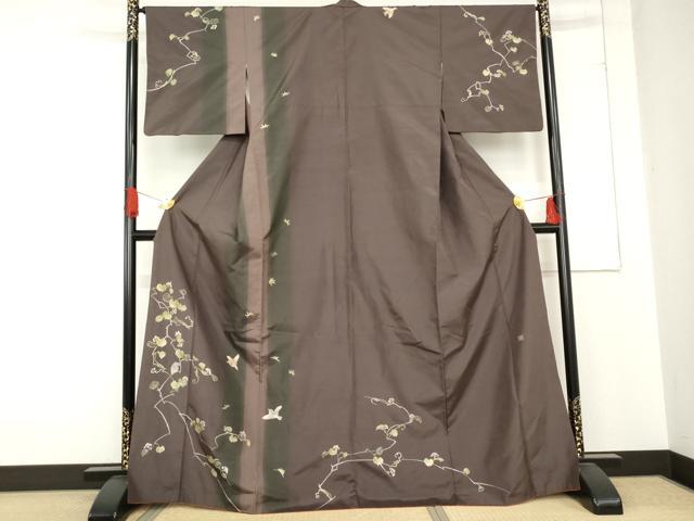 平和屋着物●訪問着　紬地　総刺繍　飛鳥南天枝蔦の葉文　ふくら雀　やまと誂製　正絹　逸品　AABE0021cs