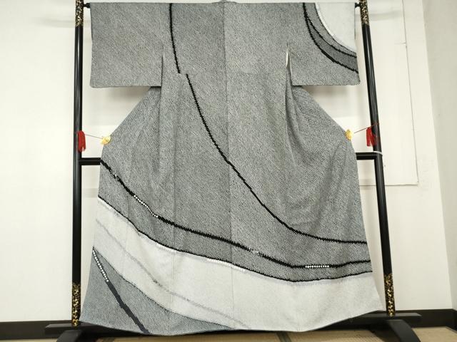 平和屋着物●訪問着　総絞り　刺繍　花唐草文　黒地　金糸　正絹　逸品　AABE0048cs