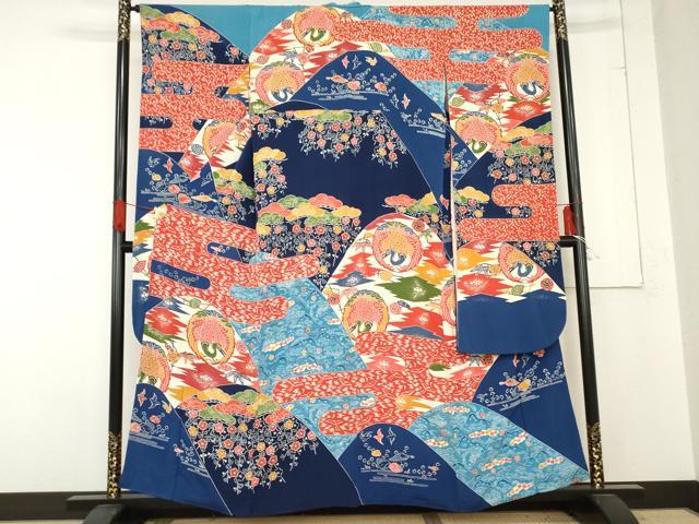 平和屋着物●和染紅型　栗山紅型　栗山吉三郎　振袖　鳳凰吉祥花鳥文　鬼しぼ縮緬　正絹　逸品　AABE0076cs