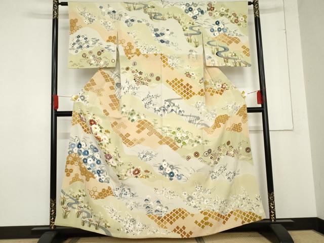 平和屋着物●訪問着　友禅　辻が花　駒刺繍　吉祥草花丸文　正絹　逸品　AABE0098cs