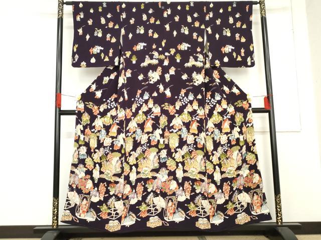 平和屋着物●訪問着　人物文　深紫色地　鬼しぼ縮緬　正絹　逸品　AABE0100cs
