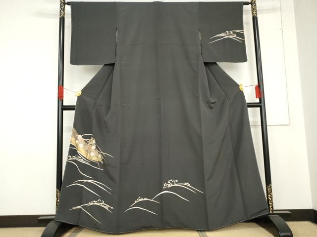 平和屋着物●訪問着　立波草花文　青褐色地　金彩　正絹　逸品　未使用　AABE0108cs