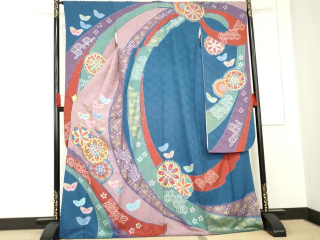 平和屋着物●豪華振袖　絞り　花蝶吉祥丸文　金彩　正絹　逸品　AABE0135cs