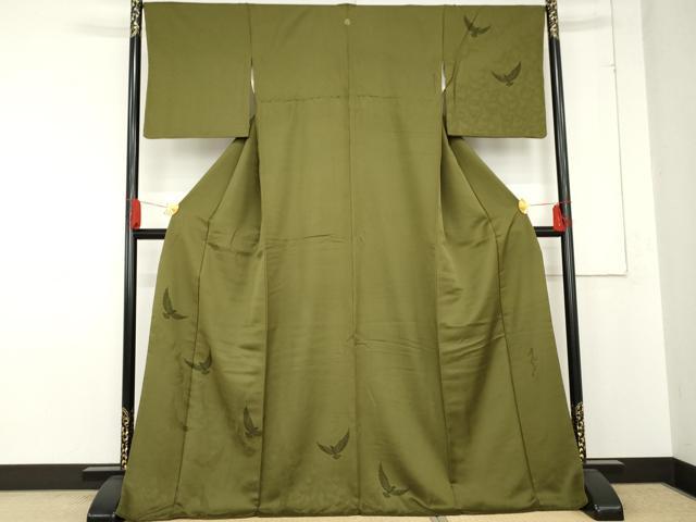 平和屋着物●染色作家　斉藤三才　無地絵羽訪問着　三才鳥　草色地　正絹　逸品　AABE0143cs