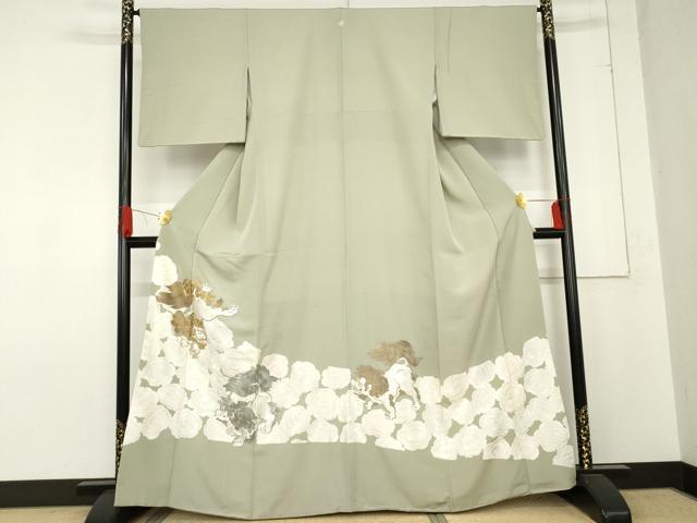 平和屋着物●豪華色留袖　手刺繍　唐獅子　柳鼠色地　金銀糸　丹後ちりめん　反端付き　正絹　逸品　AABE0150cs