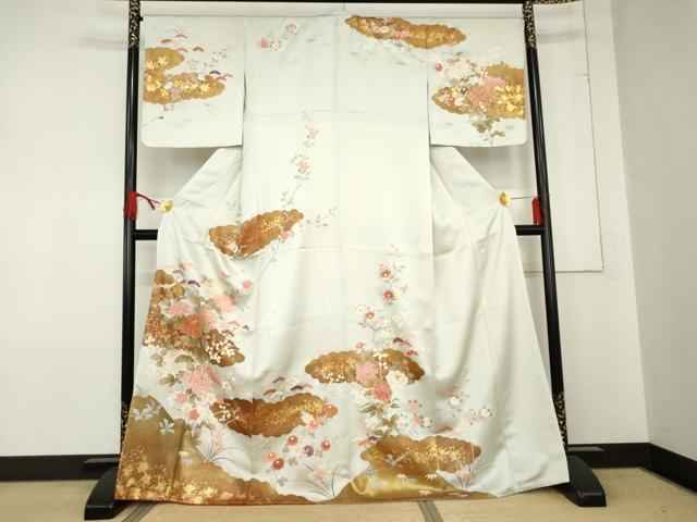 平和屋着物●訪問着　友禅　雲取り枝花文　金彩　丹後ちりめん　反端付き　正絹　逸品　未使用　AABE0153cs