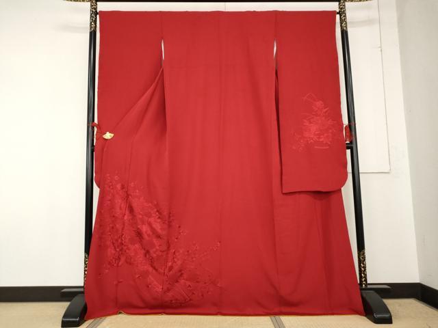 平和屋着物●豪華振袖　刺繍　花車文　朱・緋色地　正絹　逸品　AABE0188cs