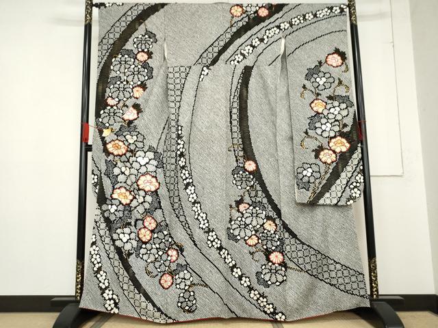 平和屋着物●豪華振袖　総絞り　枝花文　黒地　金彩　金糸　正絹　逸品　AABE0191cs