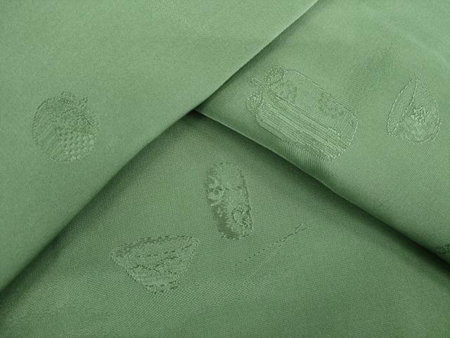 平和屋着物●上質な色無地　仕覆　器物文　老竹色　正絹　逸品　AABE0277ck