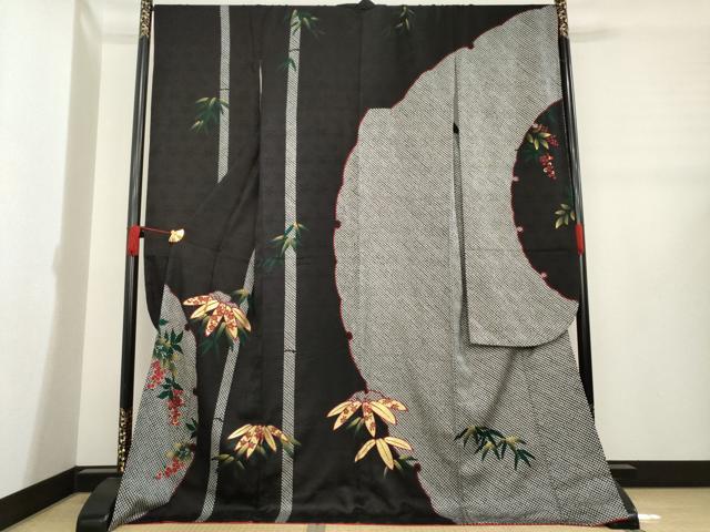 平和屋着物●豪華振袖　絞り　雪輪笹竹文　黒地　金彩　正絹　逸品　AABE0279ck