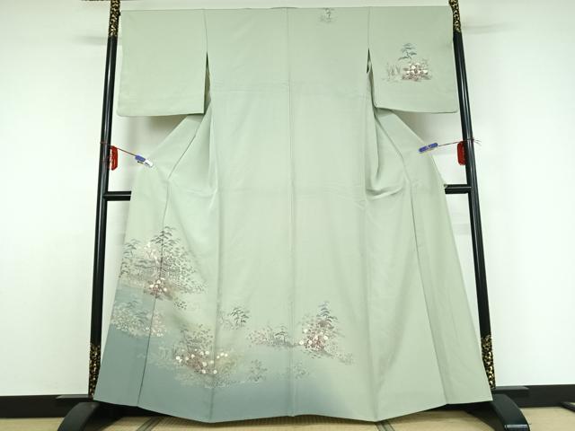 平和屋着物▽訪問着　単衣　風景花文　暈し染め　金銀彩　正絹　逸品　AABE0702jh