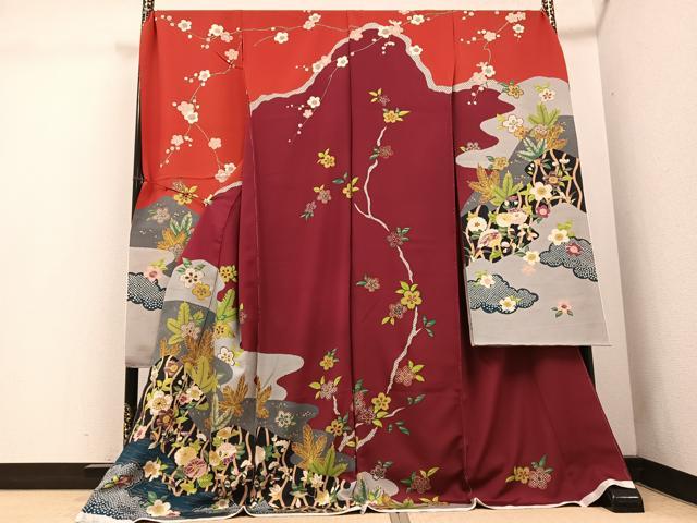 平和屋着物●ファッションデザイナー 花井幸子　振袖　駒刺繍　草花文　金彩　仮絵羽　逸品　未使用　AABE0734ph