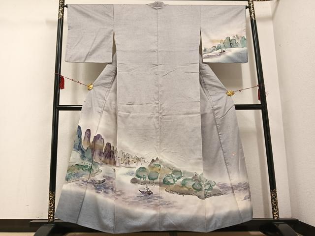 平和屋着物●訪問着　作家物　紬地　手描き　人物風景文　暈し染め　金銀彩　正絹　逸品　AABE0746ph