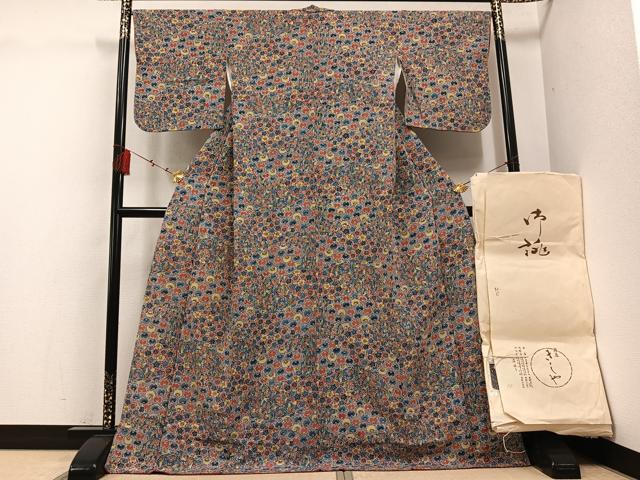 平和屋着物●銀座きしや　小紋　草花文　ロング丈　たとう紙付き　正絹　逸品　AABE0777ph