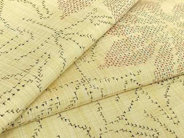 平和屋着物▽上質な紬　単衣　草葉文　正絹　逸品　AABE1178jh