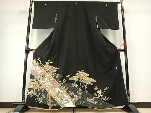 平和屋着物●創業460年・千總　黒留袖　駒刺繍　御所車花文　金彩　三越扱い　正絹　逸品　AABE1603fy