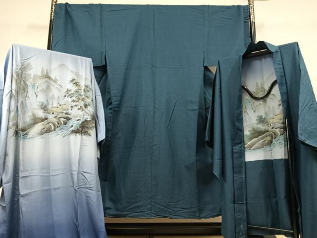 平和屋着物●男性　紬　アンサンブル　長襦袢(無双仕立て)セット　亀甲絣　キングサイズ　正絹　逸品　AABE1614fy