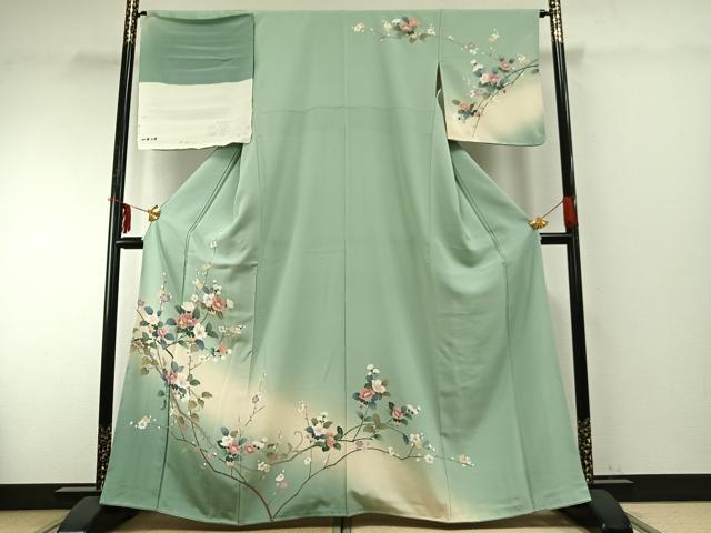 平和屋着物●訪問着　枝花文　浜ちりめん　暈し染め　反端付き　正絹　逸品　未使用　AABE1616fy