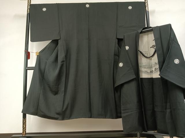 平和屋着物●男性　黒紋付　羽織セット　正絹　逸品　AABE1649fy