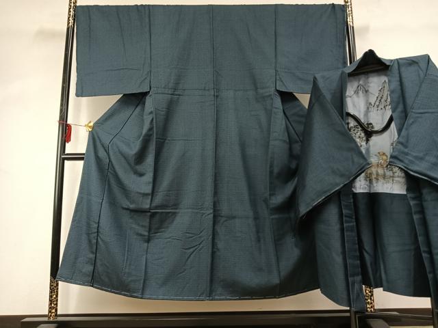 平和屋着物●男性　お召　アンサンブル　亀甲絣　反端付き　正絹　逸品　AABE1684fy