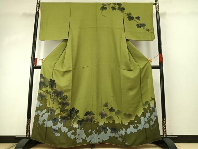 平和屋着物●皇室デザイナー　中村乃武夫　訪問着　手描き　葡萄蔦の葉文　金彩　正絹　逸品　AABE1694fy