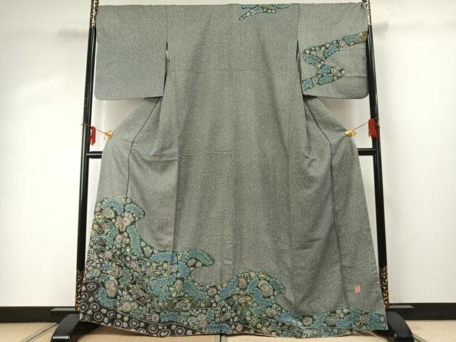 平和屋着物●樋熊哲也　訪問着　辻が花　絞り　手描き　金通し地　正絹　逸品　AABE1703fy