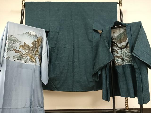 平和屋着物●男性　紬　アンサンブル　長襦袢(無双仕立て)セット　霞文　正絹　逸品　未使用　AABE1728fy